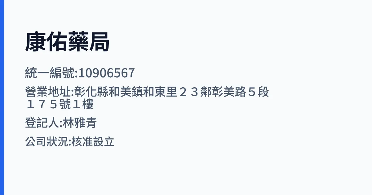 康佑藥局 - 統編 10906567(彰化縣) 公司登記資料與營業項目詳細圖表