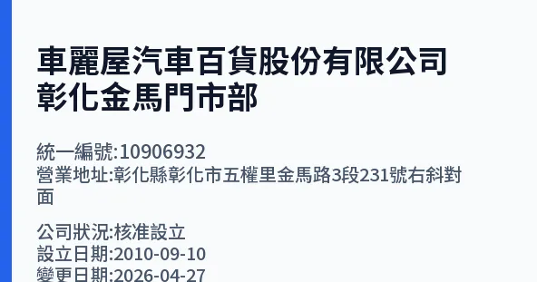 車麗屋汽車百貨股份有限公司彰化金馬門市部的照片-統編 10906932(彰化縣) 公司登記資料與營業項目詳細圖表