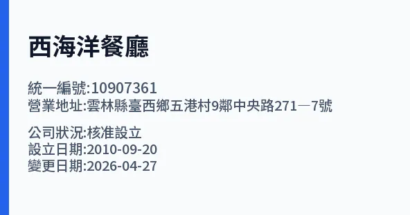 西海洋餐廳的照片-統編 10907361(雲林縣) 公司登記資料與營業項目詳細圖表