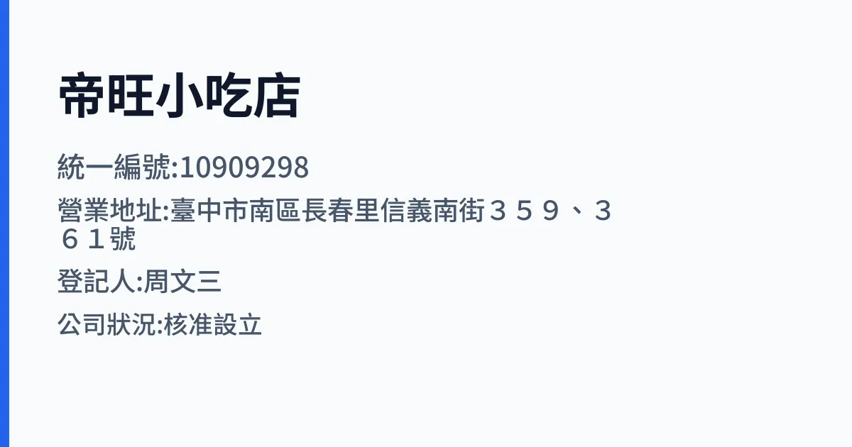 帝旺小吃店 - 統編 10909298(臺中市) 公司登記資料與營業項目詳細圖表