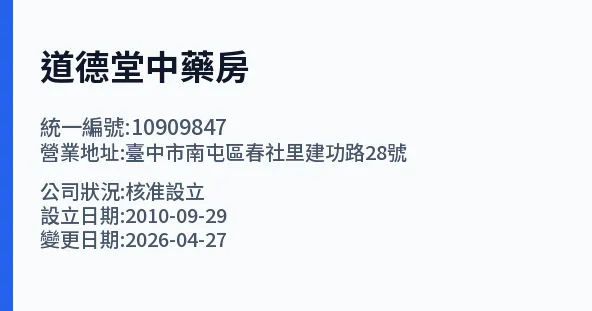 道德堂中藥房的照片-統編 10909847(臺中市) 公司登記資料與營業項目詳細圖表
