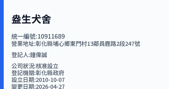 盎生犬舍的照片-統編 10911689(彰化縣) 公司登記資料與營業項目詳細圖表