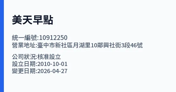 美天早點的照片-統編 10912250(臺中市) 公司登記資料與營業項目詳細圖表