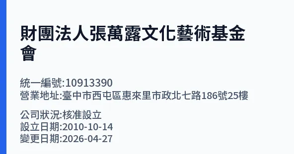 財團法人張萬露文化藝術基金會的照片-統編 10913390(臺中市) 公司登記資料與營業項目詳細圖表
