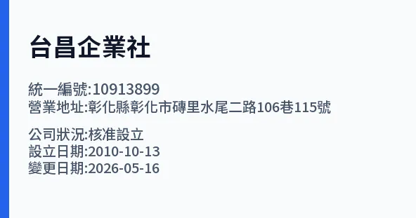 台昌企業社的照片-統編 10913899(彰化縣) 公司登記資料與營業項目詳細圖表