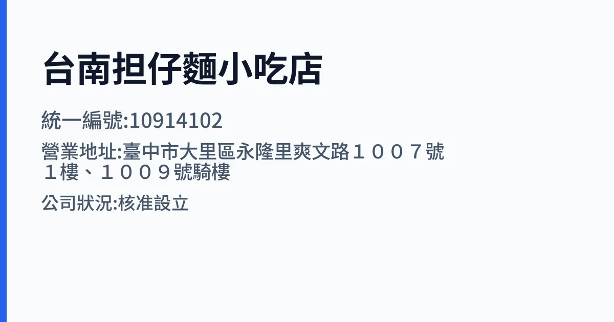 台南担仔麵小吃店 - 統編 10914102(臺中市) 公司登記資料與營業項目詳細圖表