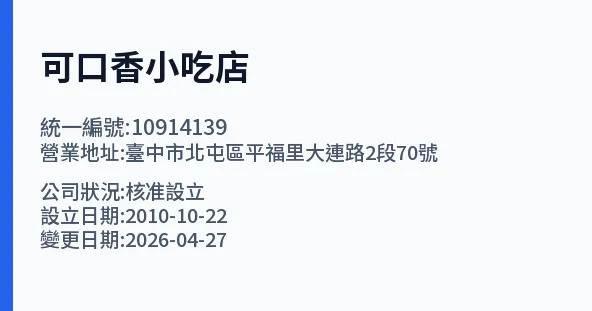 可口香小吃店的照片-統編 10914139(臺中市) 公司登記資料與營業項目詳細圖表