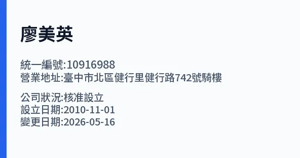 廖美英的照片-統編 10916988(臺中市) 公司登記資料與營業項目詳細圖表