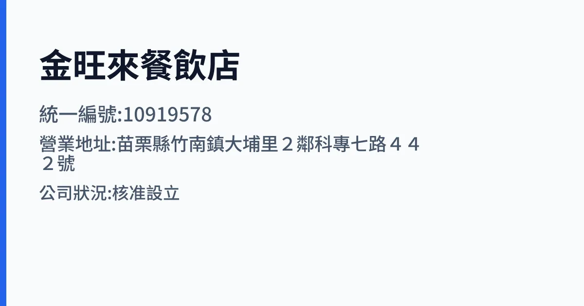 金旺來餐飲店 - 統編 10919578(苗栗縣) 公司登記資料與營業項目詳細圖表