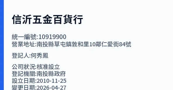 信沂五金百貨行的照片-統編 10919900(南投縣) 公司登記資料與營業項目詳細圖表