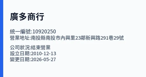 廣多商行的照片-統編 10920250(南投縣) 公司登記資料與營業項目詳細圖表