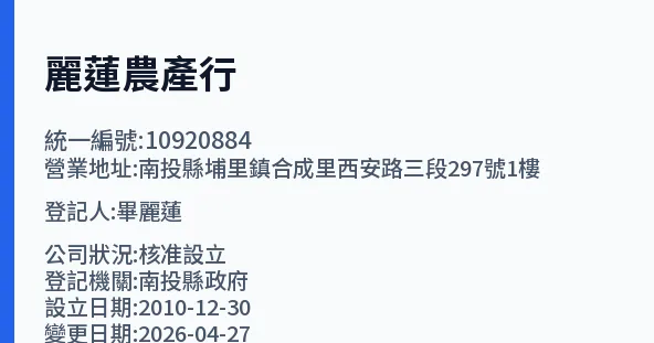 麗蓮農產行的照片-統編 10920884(南投縣) 公司登記資料與營業項目詳細圖表