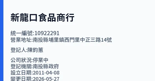 新龍口食品商行的照片-統編 10922291(南投縣) 公司登記資料與營業項目詳細圖表