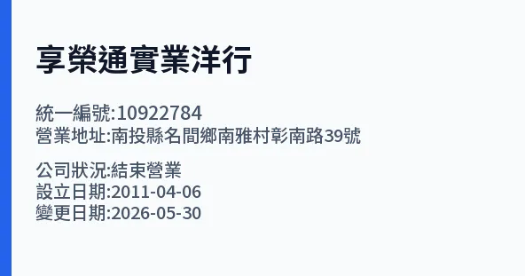 享榮通實業洋行的照片-統編 10922784(南投縣) 公司登記資料與營業項目詳細圖表