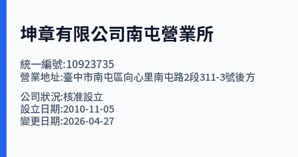 坤章有限公司南屯營業所的照片-統編 10923735(臺中市) 公司登記資料與營業項目詳細圖表