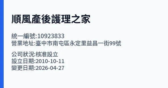 順風產後護理之家的照片-統編 10923833(臺中市) 公司登記資料與營業項目詳細圖表