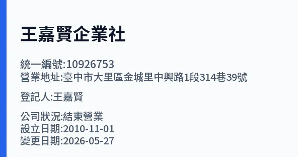 王嘉賢企業社的照片-統編 10926753(臺中市) 公司登記資料與營業項目詳細圖表