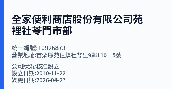 全家便利商店股份有限公司苑裡社苓門市部的照片-統編 10926873(苗栗縣) 公司登記資料與營業項目詳細圖表