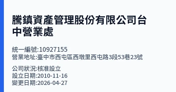 騰鎮資產管理股份有限公司台中營業處的照片-統編 10927155(臺中市) 公司登記資料與營業項目詳細圖表