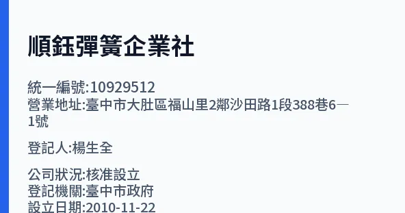 順鈺彈簧企業社的照片-統編 10929512(臺中市) 公司登記資料與營業項目詳細圖表