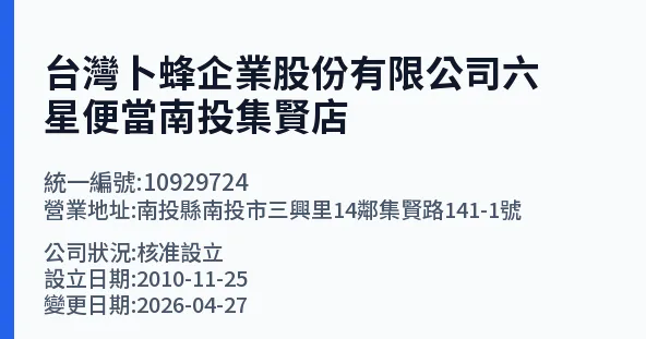 台灣卜蜂企業股份有限公司六星便當南投集賢店的照片-統編 10929724(南投縣) 公司登記資料與營業項目詳細圖表