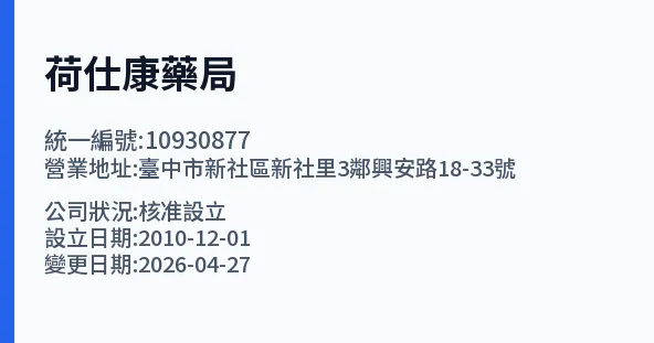 荷仕康藥局的照片-統編 10930877(臺中市) 公司登記資料與營業項目詳細圖表