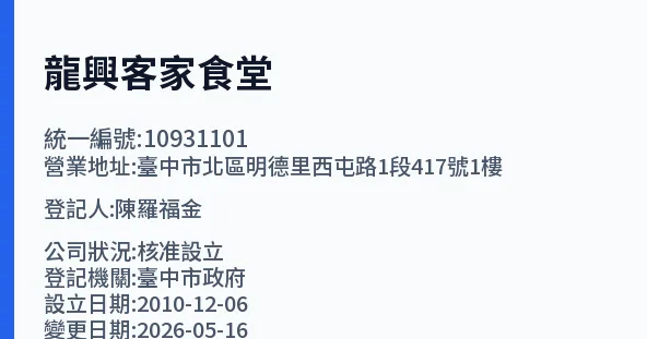 龍興客家食堂的照片-統編 10931101(臺中市) 公司登記資料與營業項目詳細圖表
