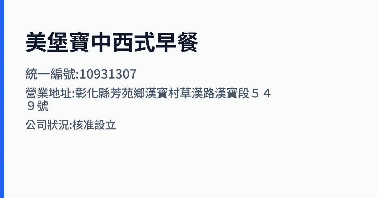 美堡寶中西式早餐 - 統編 10931307(彰化縣) 公司登記資料與營業項目詳細圖表