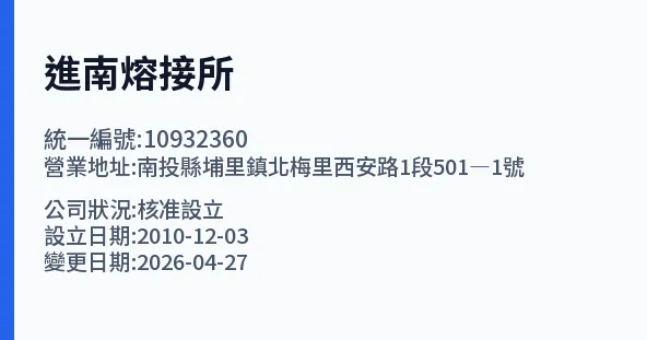 進南熔接所的照片-統編 10932360(南投縣) 公司登記資料與營業項目詳細圖表
