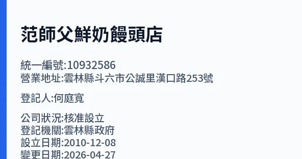 范師父鮮奶饅頭店的照片-統編 10932586(雲林縣) 公司登記資料與營業項目詳細圖表