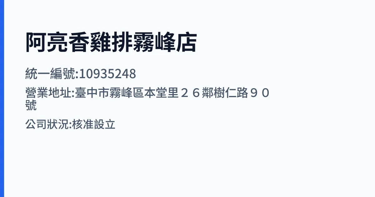阿亮香雞排霧峰店 - 統編 10935248(臺中市) 公司登記資料與營業項目詳細圖表