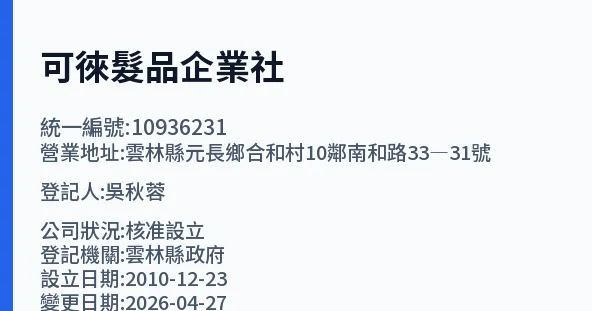 可徠髮品企業社的照片-統編 10936231(雲林縣) 公司登記資料與營業項目詳細圖表