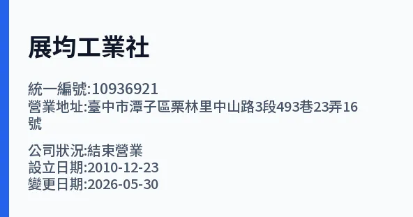 展均工業社的照片-統編 10936921(臺中市) 公司登記資料與營業項目詳細圖表