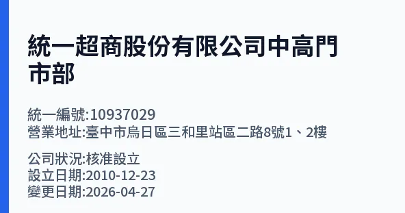 統一超商股份有限公司中高門市部的照片-統編 10937029(臺中市) 公司登記資料與營業項目詳細圖表