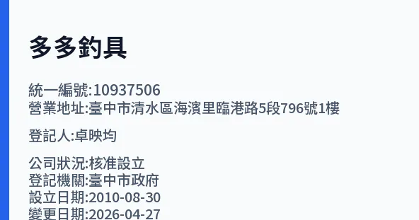 多多釣具的照片-統編 10937506(臺中市) 公司登記資料與營業項目詳細圖表