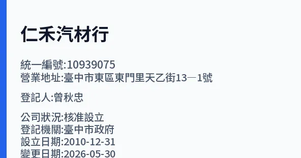 仁禾汽材行的照片-統編 10939075(臺中市) 公司登記資料與營業項目詳細圖表
