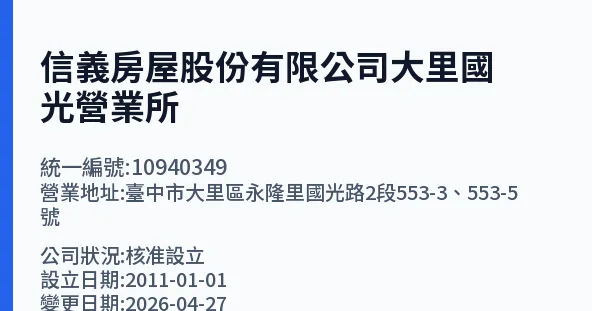 信義房屋股份有限公司大里國光營業所的照片-統編 10940349(臺中市) 公司登記資料與營業項目詳細圖表