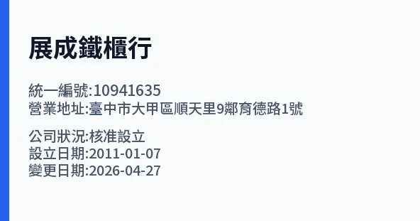 展成鐵櫃行的照片-統編 10941635(臺中市) 公司登記資料與營業項目詳細圖表