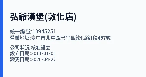 弘爺漢堡(敦化店)的照片-統編 10945251(臺中市) 公司登記資料與營業項目詳細圖表