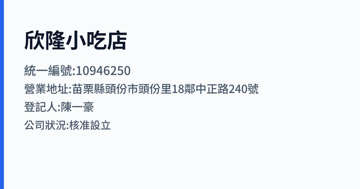 欣隆小吃店 - 統編 10946250(苗栗縣) 公司登記資料與營業項目詳細圖表