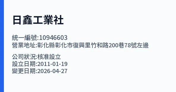 日鑫工業社的照片-統編 10946603(彰化縣) 公司登記資料與營業項目詳細圖表
