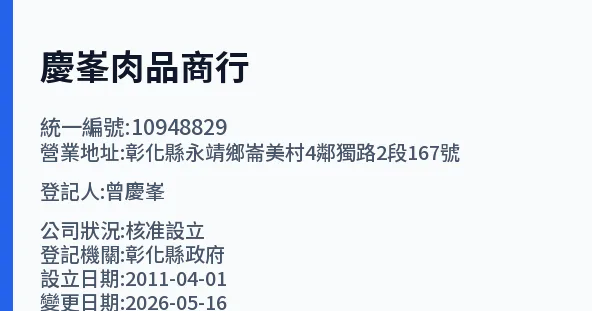 慶峯肉品商行的照片-統編 10948829(彰化縣) 公司登記資料與營業項目詳細圖表