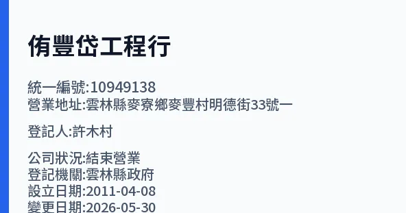 侑豐岱工程行的照片-統編 10949138(雲林縣) 公司登記資料與營業項目詳細圖表
