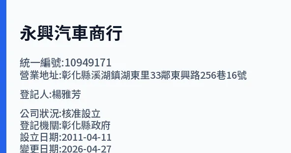 永興汽車商行的照片-統編 10949171(彰化縣) 公司登記資料與營業項目詳細圖表