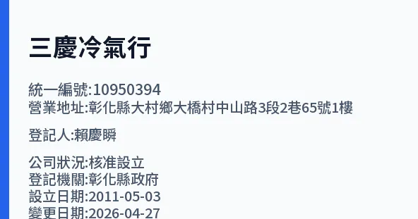 三慶冷氣行的照片-統編 10950394(彰化縣) 公司登記資料與營業項目詳細圖表