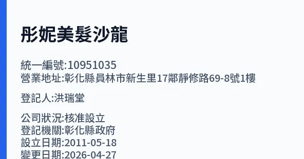 彤妮美髮沙龍的照片-統編 10951035(彰化縣) 公司登記資料與營業項目詳細圖表
