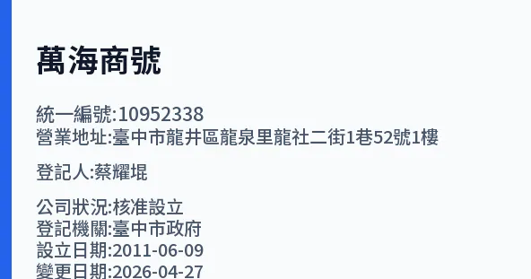 萬海商號的照片-統編 10952338(臺中市) 公司登記資料與營業項目詳細圖表
