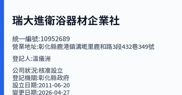 瑞大進衛浴器材企業社的照片-統編 10952689(彰化縣) 公司登記資料與營業項目詳細圖表