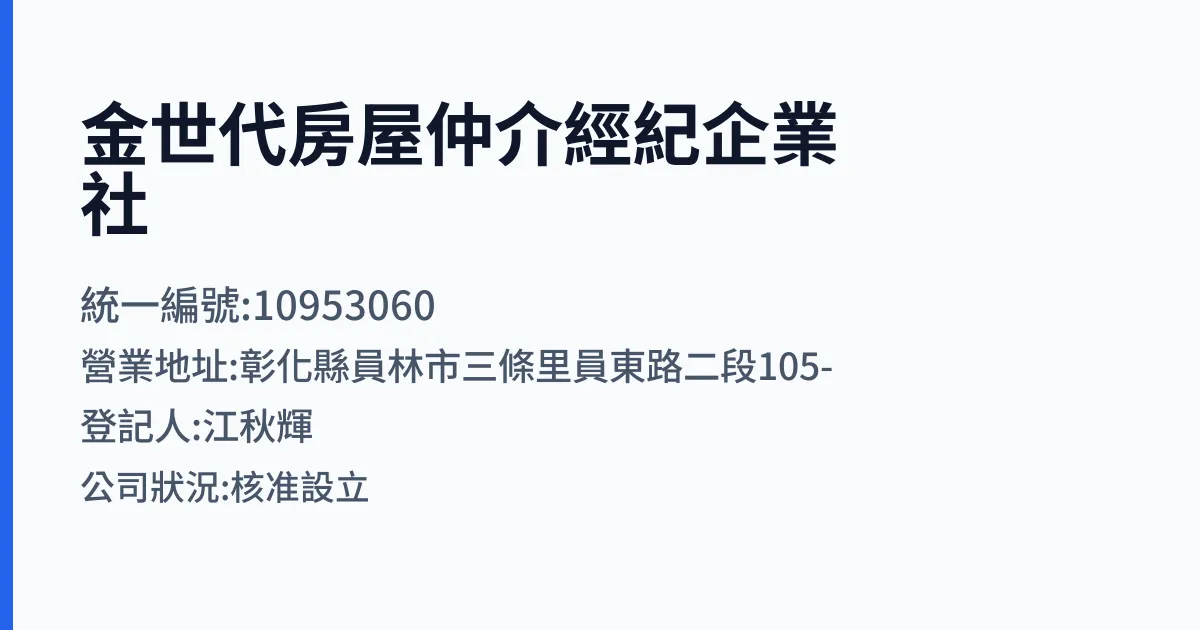 金世代房屋仲介經紀企業社 - 統編 10953060(彰化縣) 公司登記資料與營業項目詳細圖表