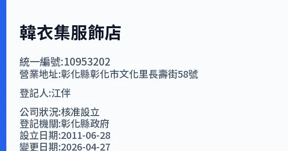 韓衣集服飾店的照片-統編 10953202(彰化縣) 公司登記資料與營業項目詳細圖表